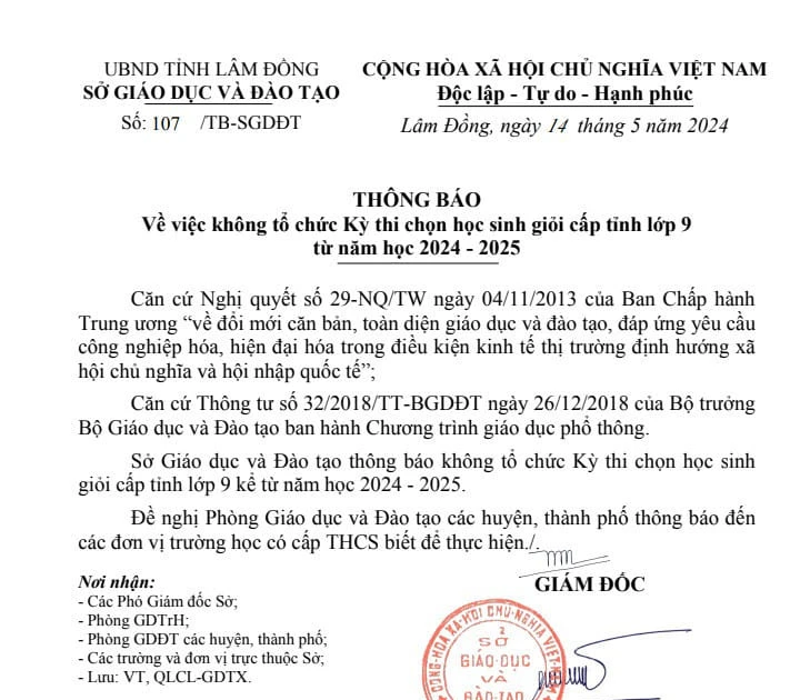 Sở GD Lâm Đồng sẽ không tổ chức thi HSG lớp 9 cấp tỉnh, nơi khác có nên ...